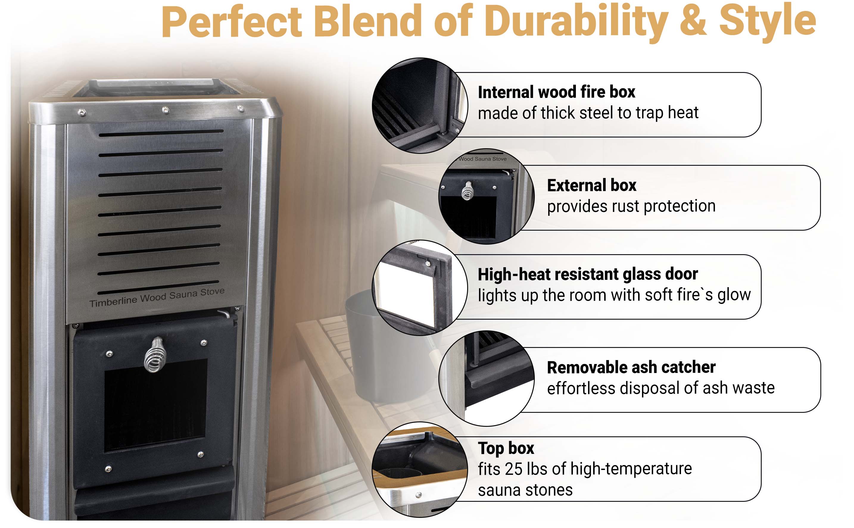 Timberline Wood Sauna Stove - Stainless Steel Heater | Cedar Sauna Bucket